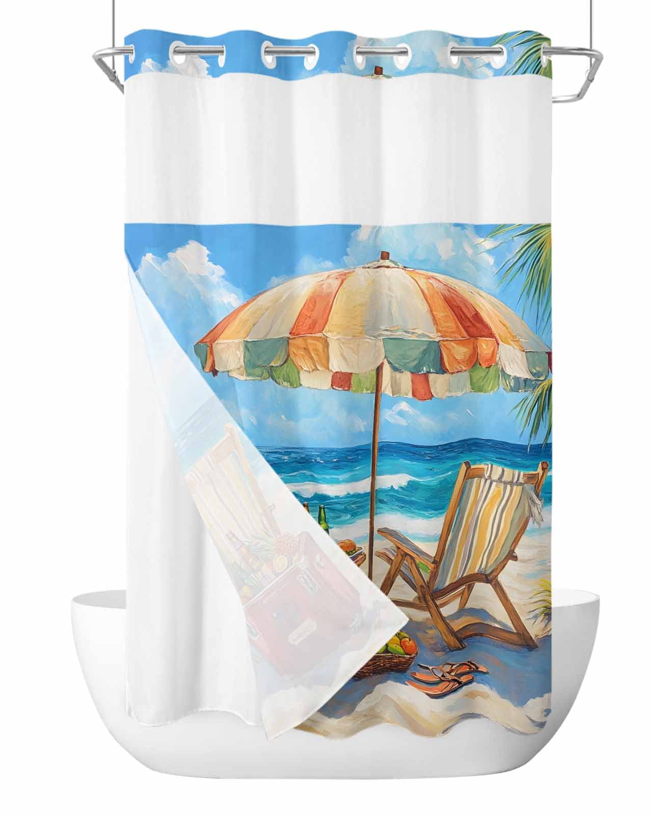 No Hook Shower Curtains with Snap in Liner, Coastal Sea Wave Blue ...