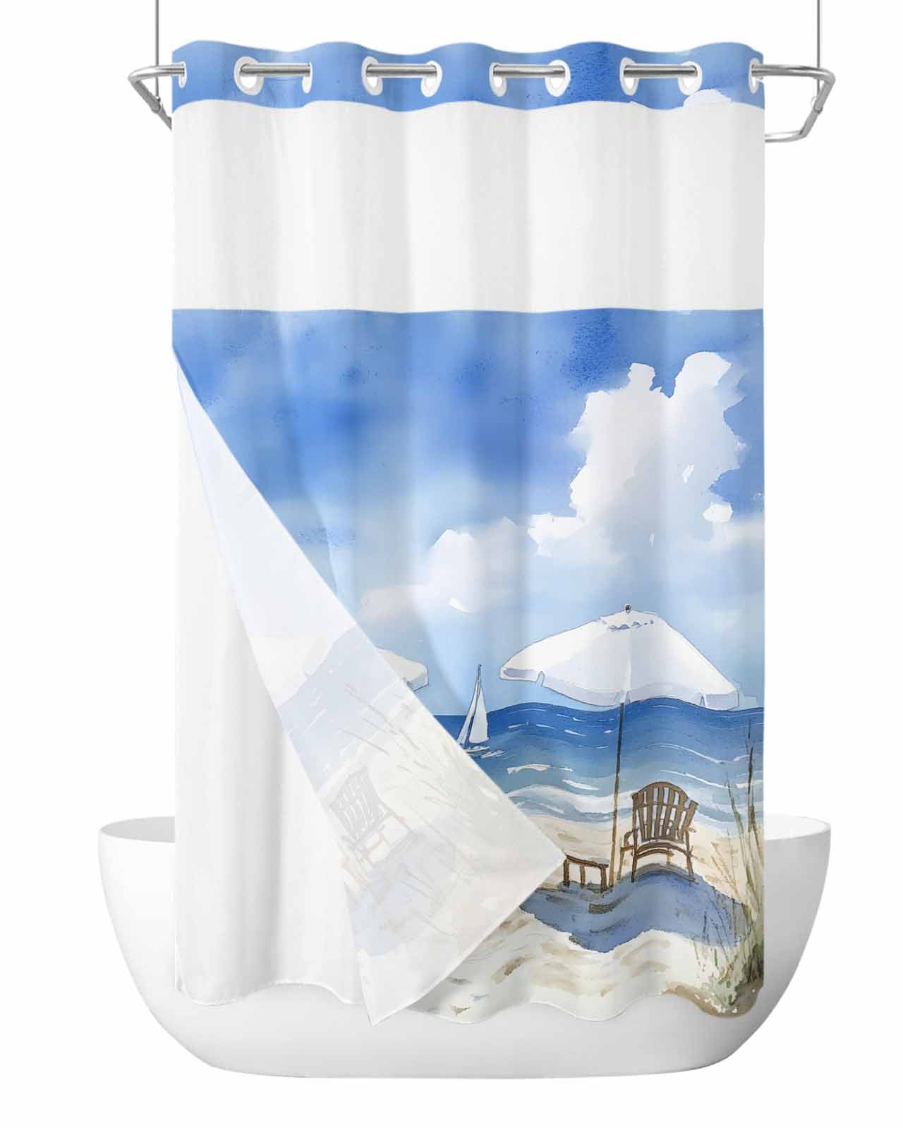 No Hook Shower Curtains with Snap in Liner, Coastal Sea Wave Blue ...