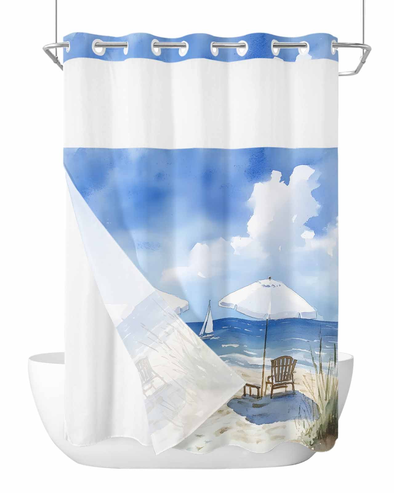 No Hook Shower Curtains with Snap in Liner, Coastal Sea Wave Blue ...