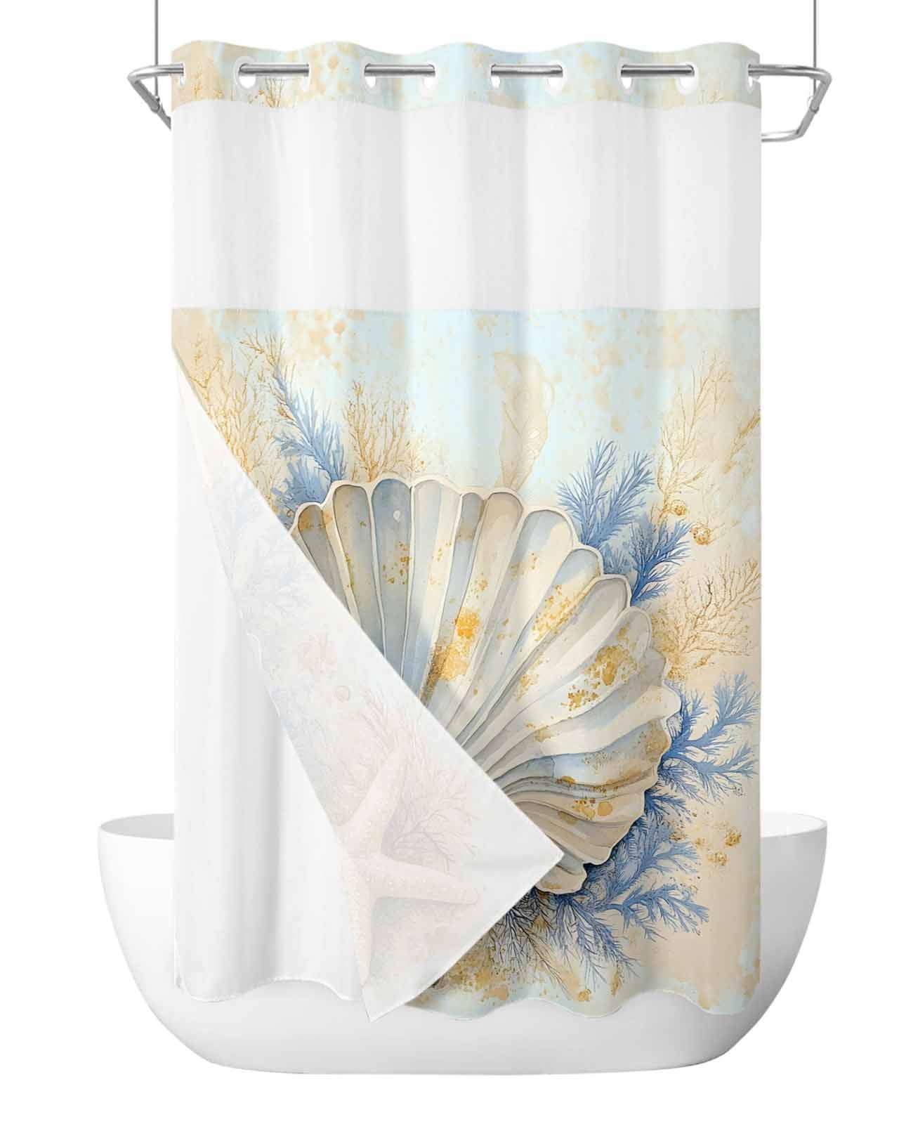 No Hook Shower Curtains with Snap in Liner, Coastal Shell Waterproof ...