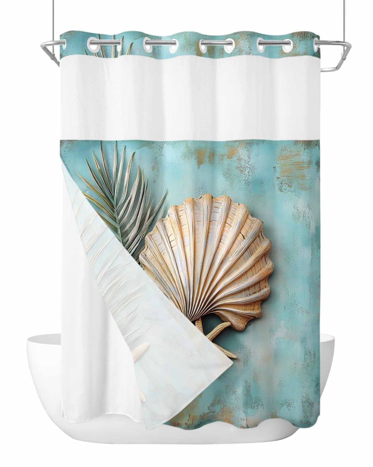 No Hook Shower Curtains with Snap in Liner, Coastal Shell Waterproof ...
