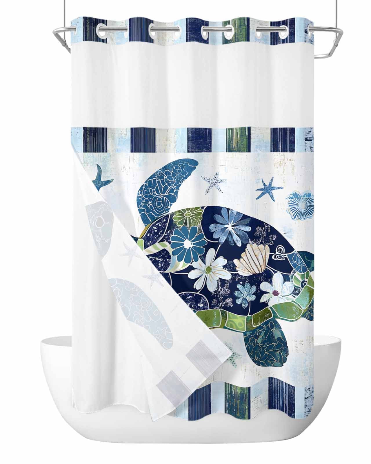 No Hook Shower Curtains with Snap in Liner, Coastal Turtle Fabric ...
