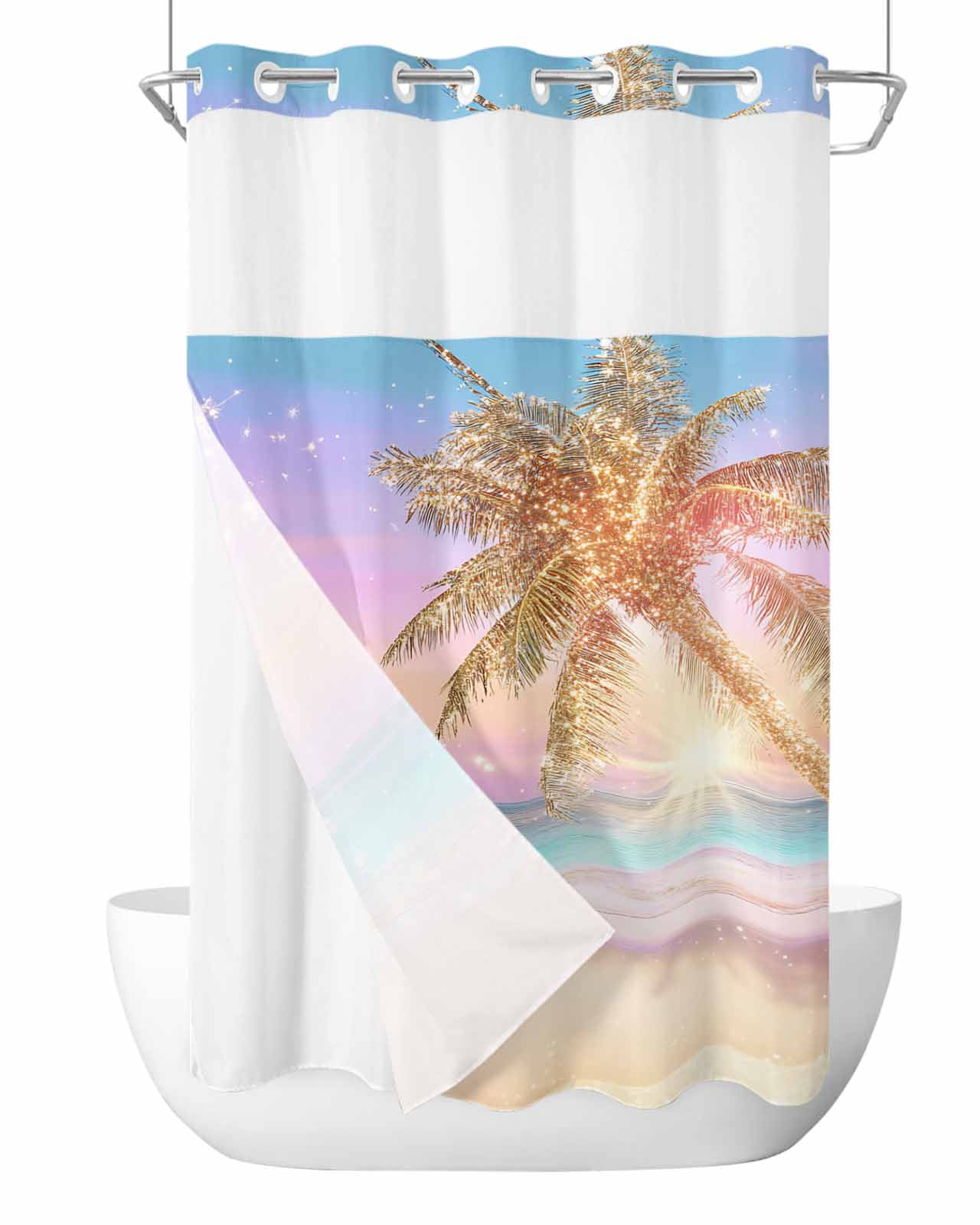 No Hook Shower Curtains with Snap in Liner, Coastal Waterproof Fabric ...