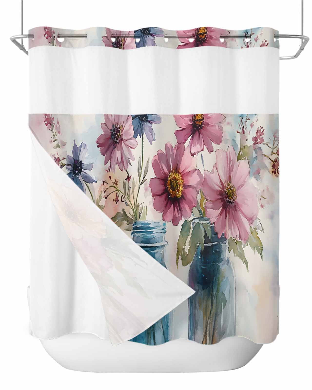 No Hook Shower Curtains with Snap in Liner, Country Floral Waterproof ...