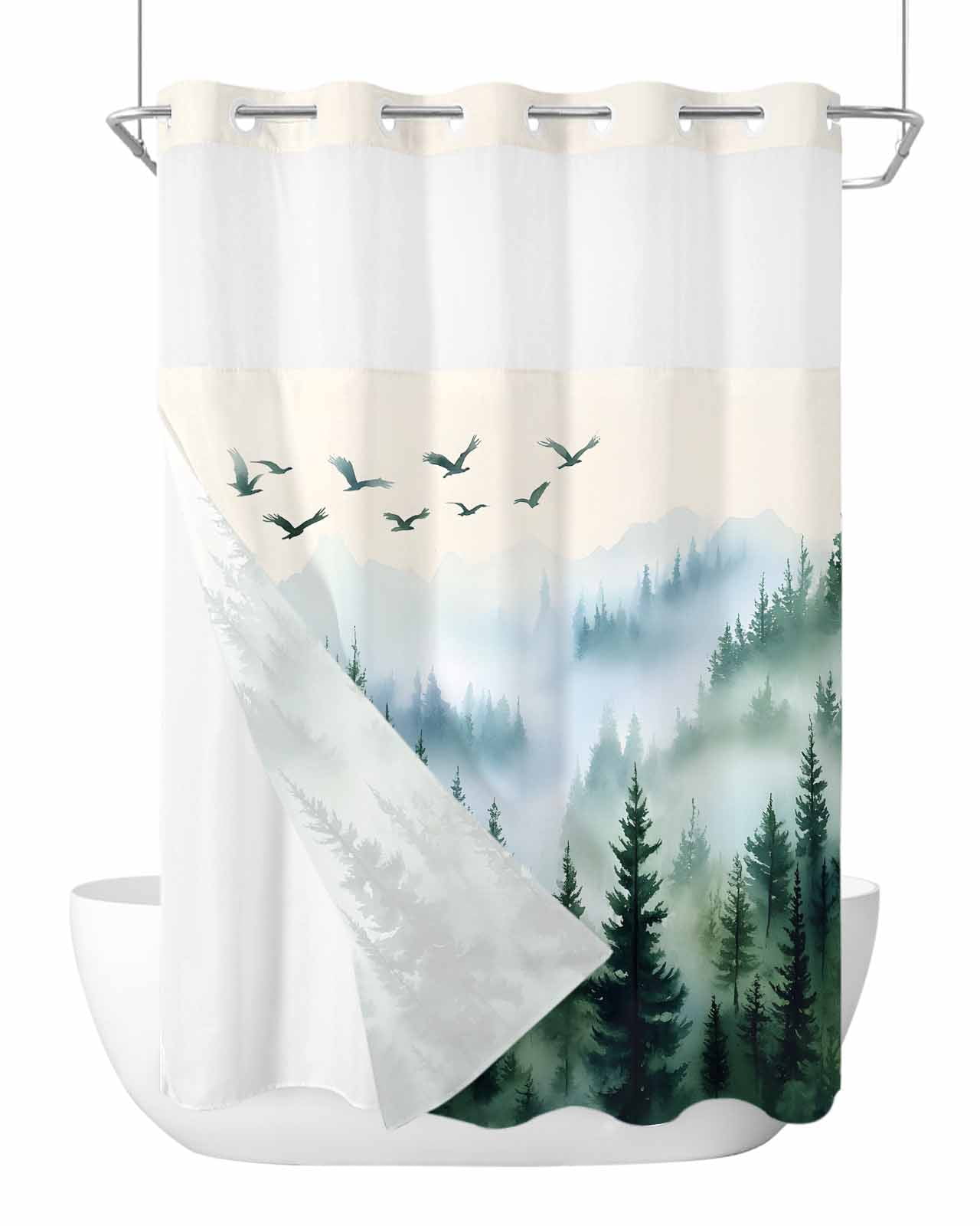 No Hook Shower Curtains with Snap in Liner, Dark Green Ombre Forest ...