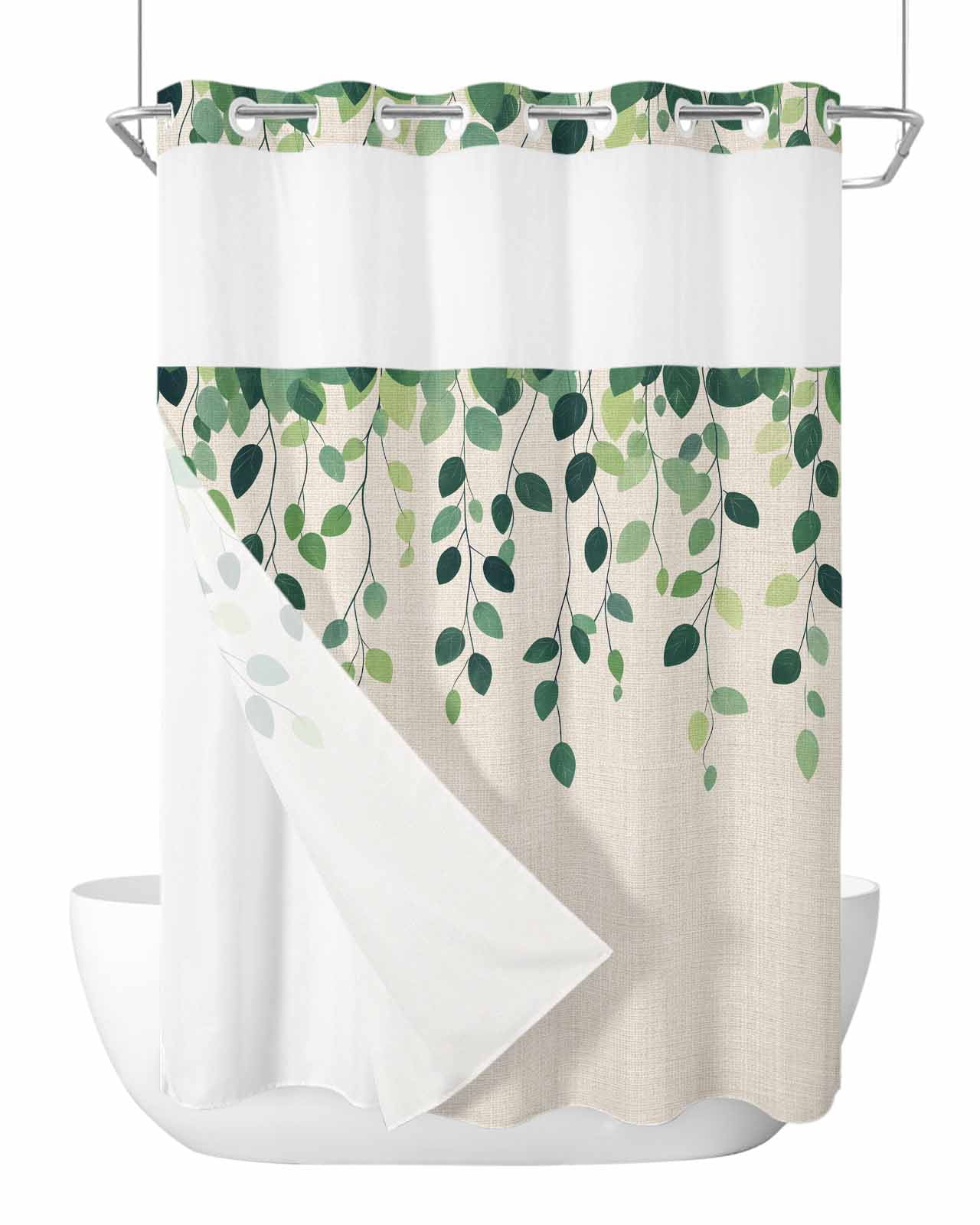 No Hook Shower Curtains with Snap in Liner, Farmhouse Leaves Waterproof ...