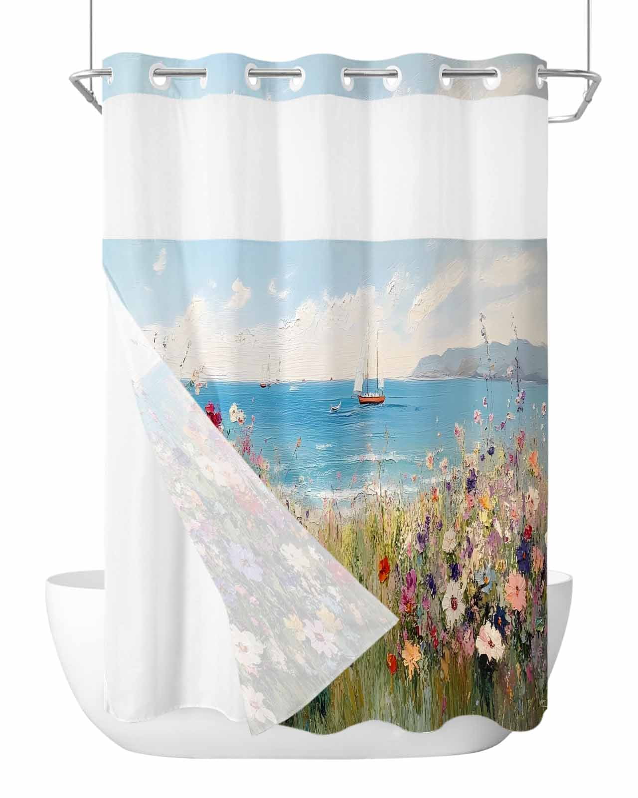 No Hook Shower Curtains with Snap in Liner, Floral Oil Painting ...