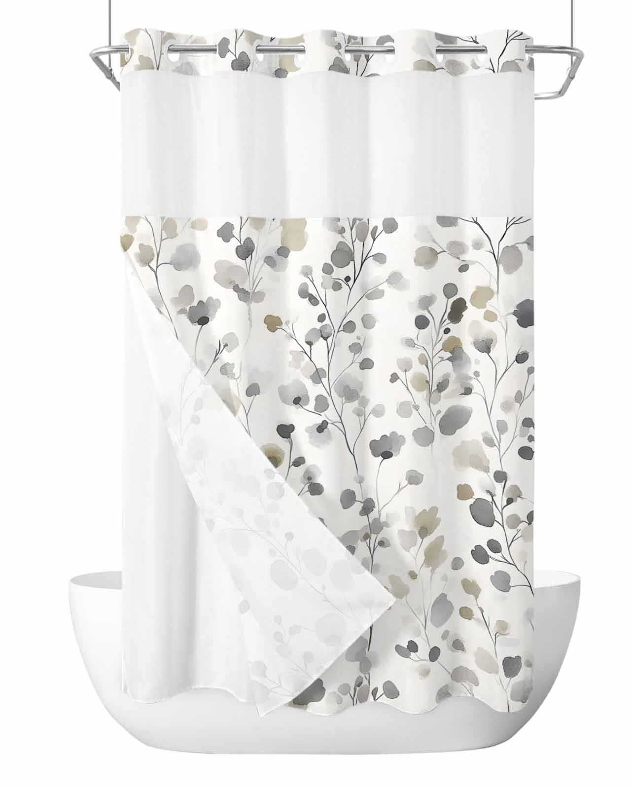 No Hook Shower Curtains with Snap in Liner, Gray Botanical Waterproof ...