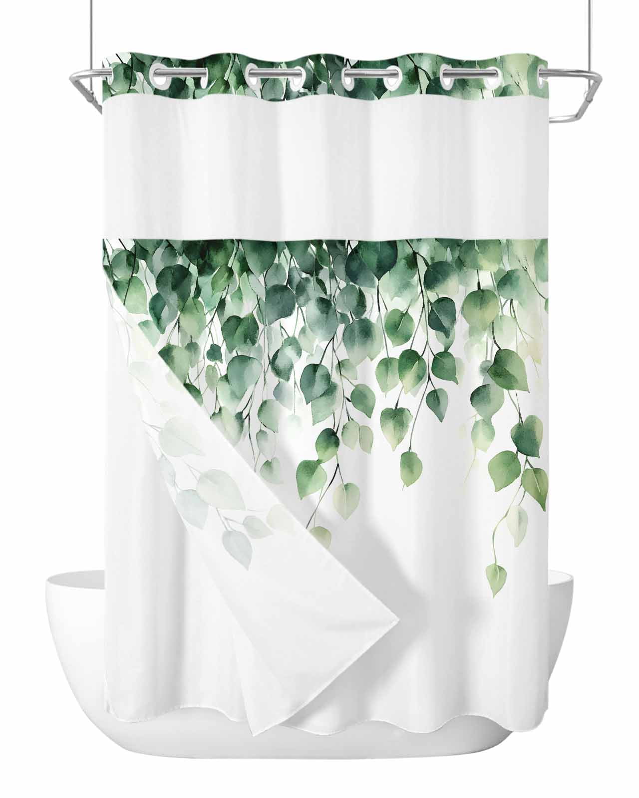 No Hook Shower Curtains with Snap in Liner, Green Eucalyptus Leaf ...