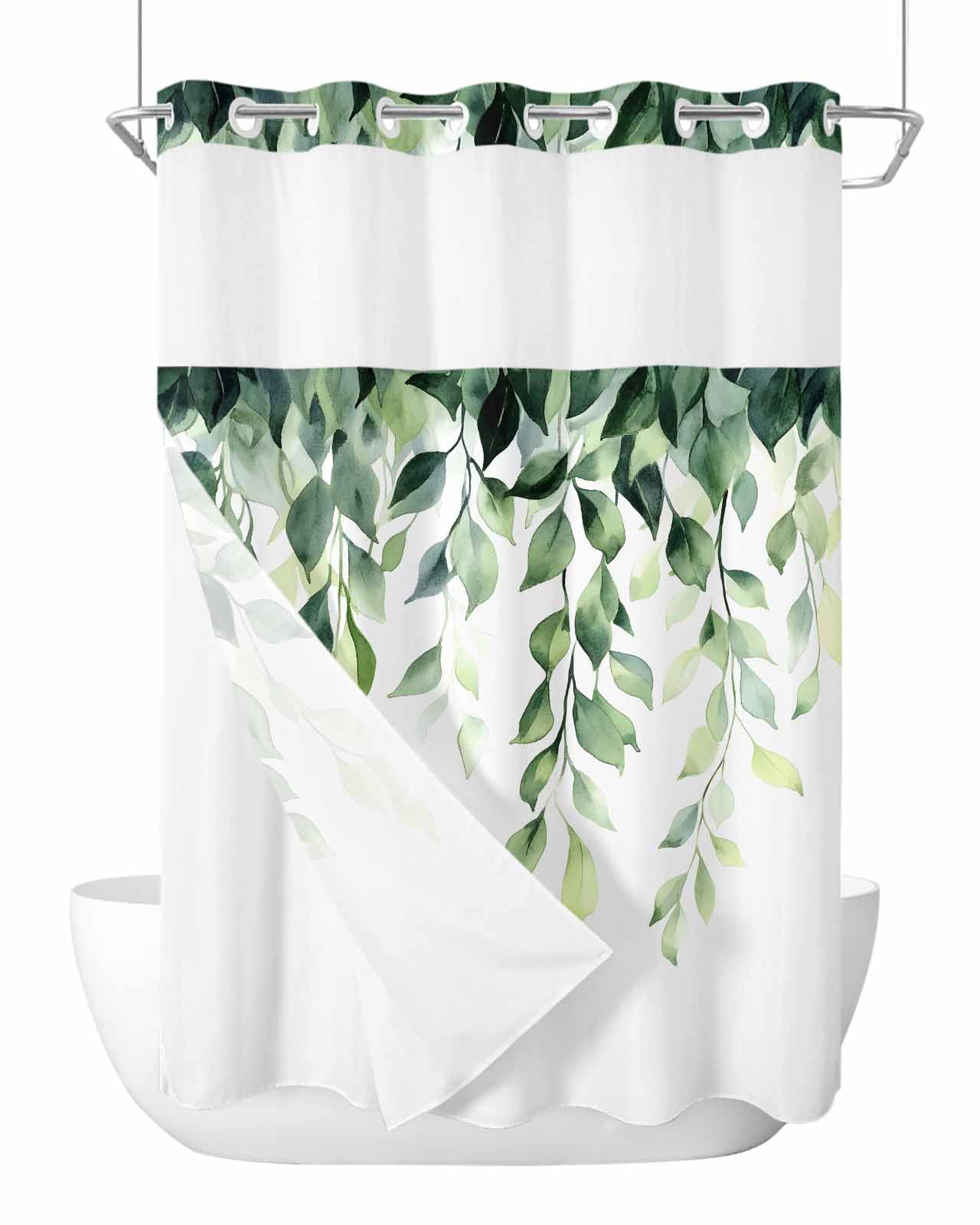 No Hook Shower Curtains with Snap in Liner, Green Leaves Waterproof ...