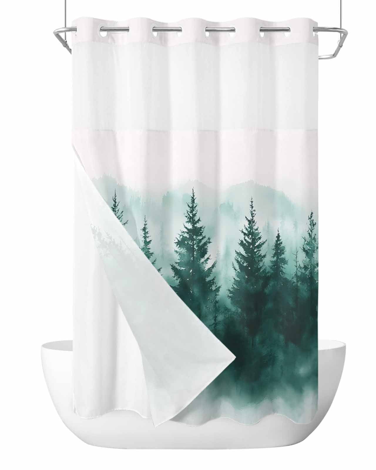 No Hook Shower Curtains with Snap in Liner, Green Ombre Forest ...