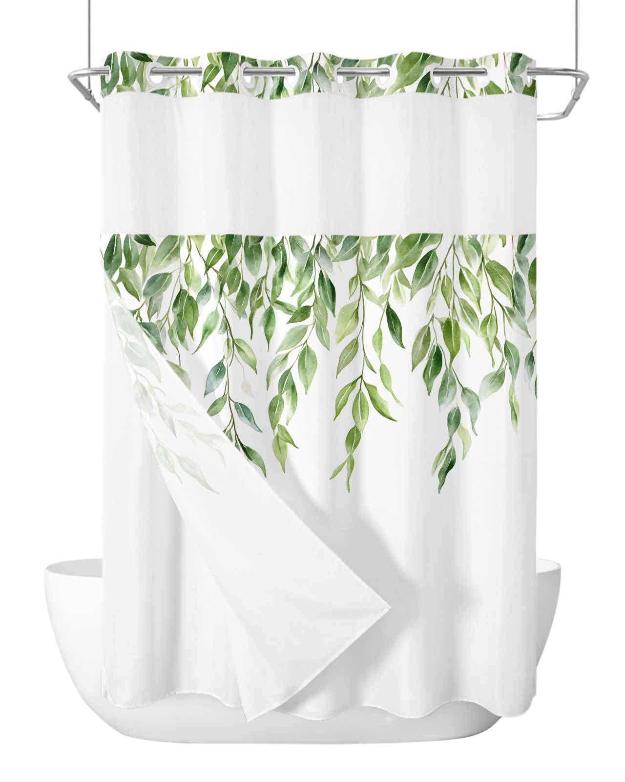 No Hook Shower Curtains with Snap in Liner, Green Vines Waterproof ...