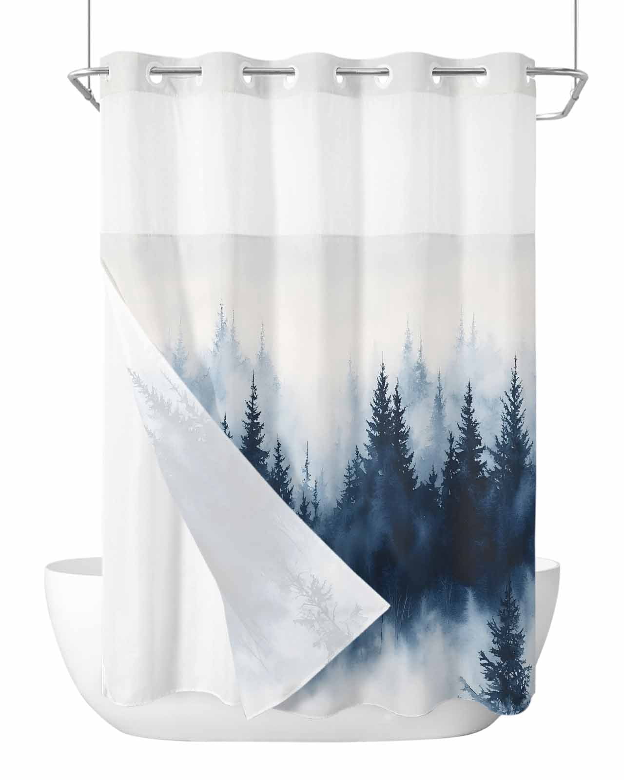 No Hook Shower Curtains with Snap in Liner, Ink Blue Forest Waterproof ...