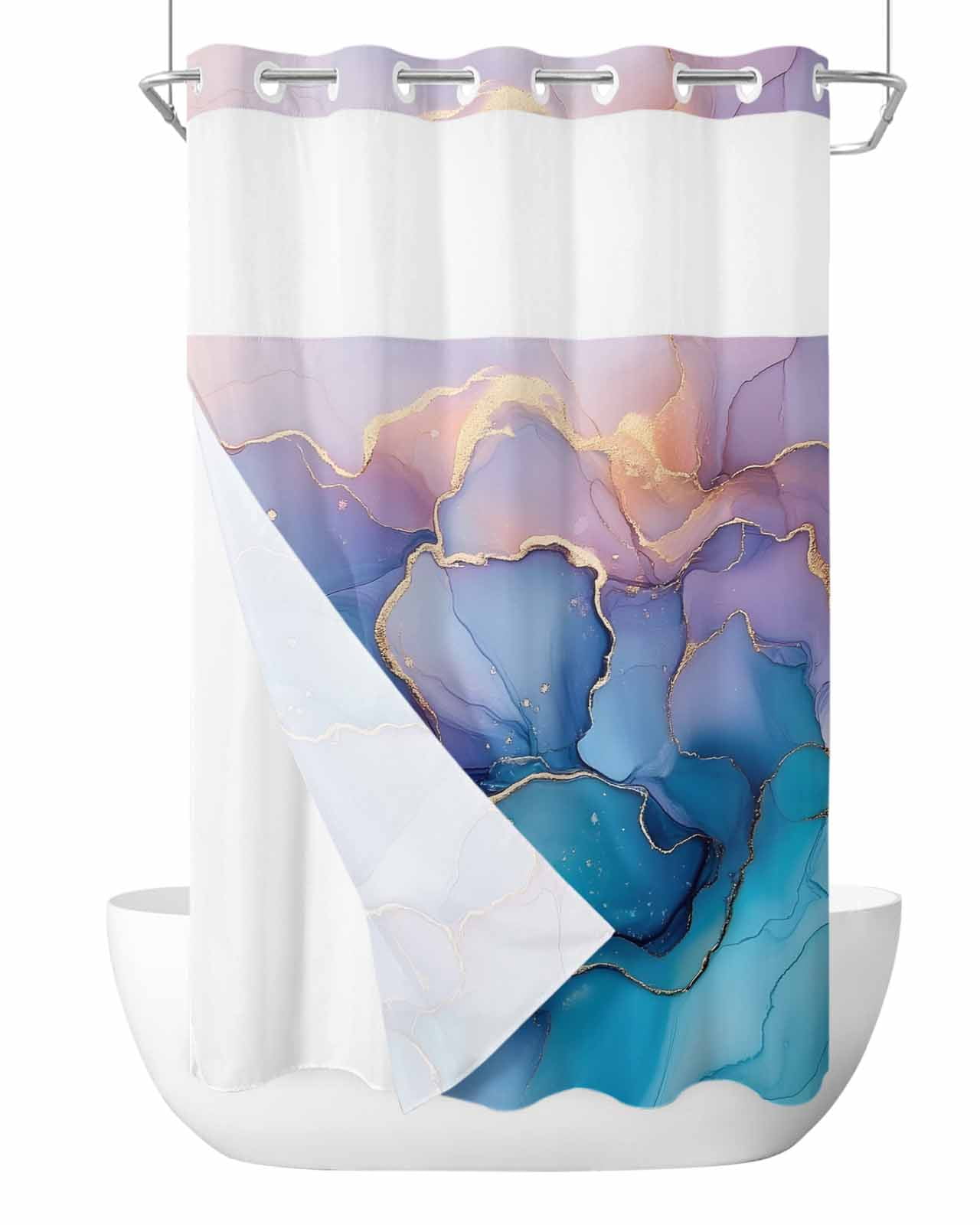 No Hook Shower Curtains with Snap in Liner, Marble Blue Purple Waterproof Fabric Shower Curtain ...