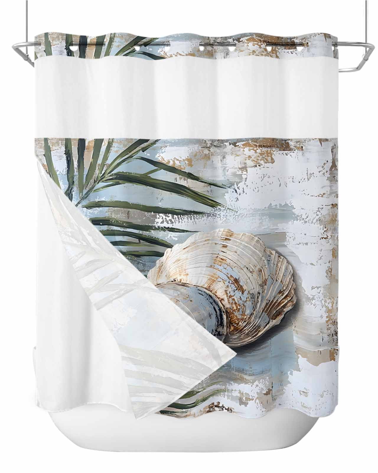 No Hook Shower Curtains with Snap in Liner, Nautical Coastal Waterproof ...