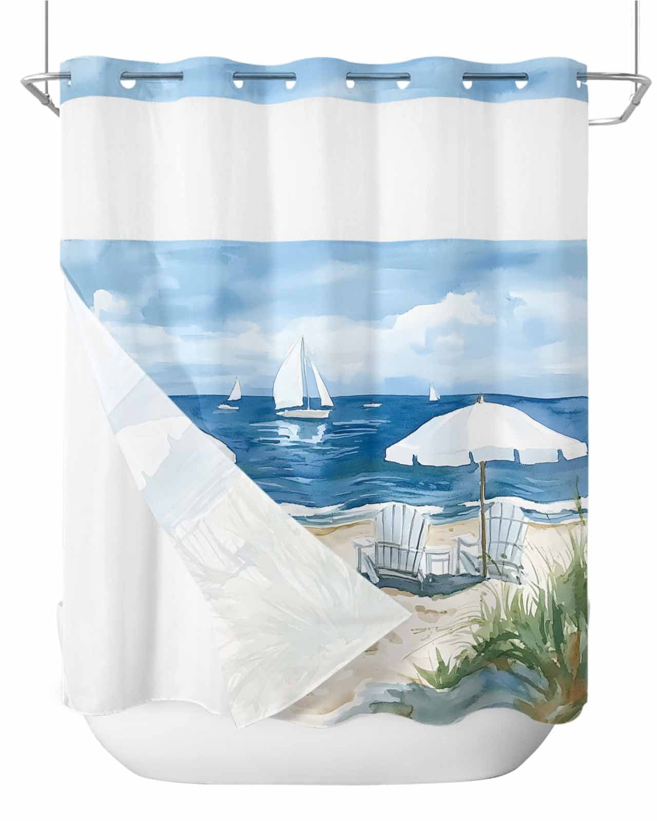 No Hook Shower Curtains with Snap in Liner, Nautical Sea Wave Blue ...