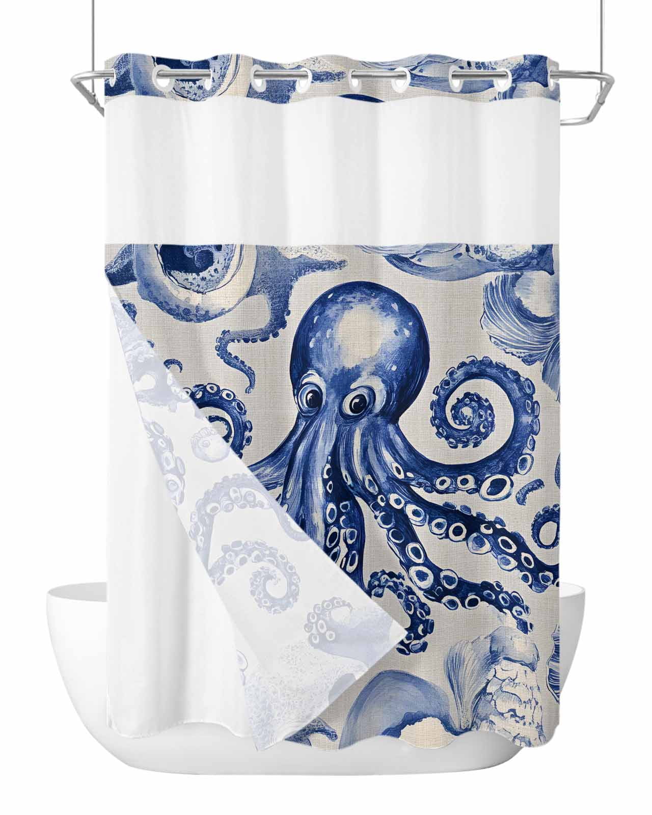 No Hook Shower Curtains with Snap in Liner, Navy Blue Octopus Coastal ...