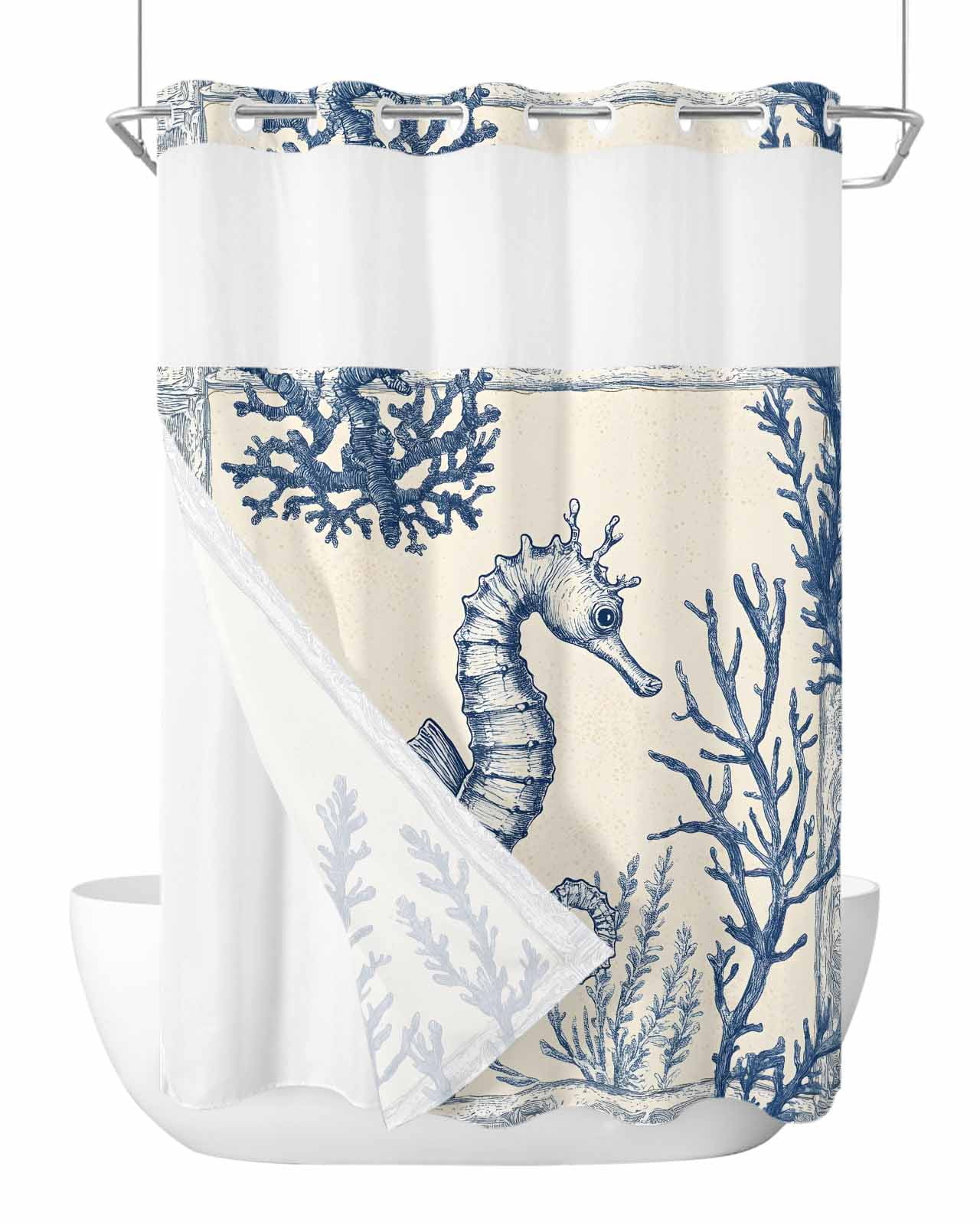 No Hook Shower Curtains with Snap in Liner, Navy Blue Seahorse Coastal ...