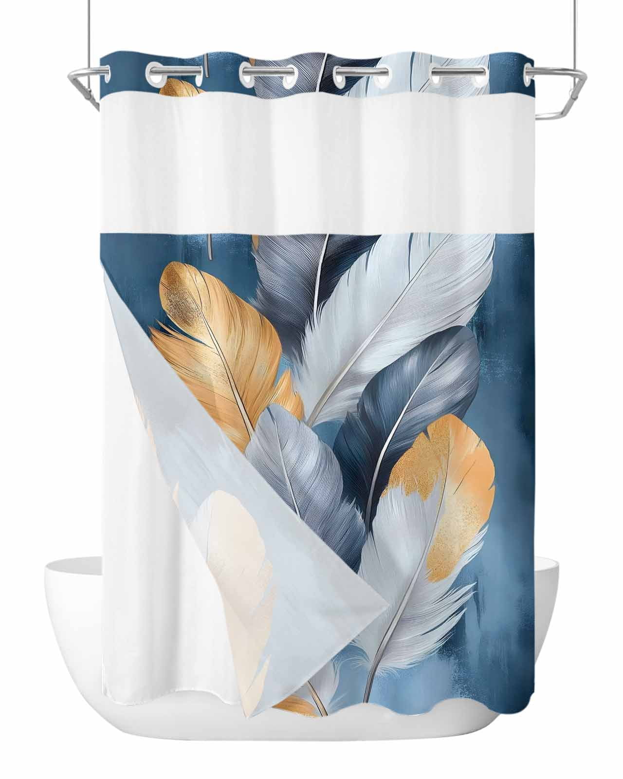 No Hook Shower Curtains with Snap in Liner, Navy Blue Yellow Feather Waterproof Fabric Shower ...