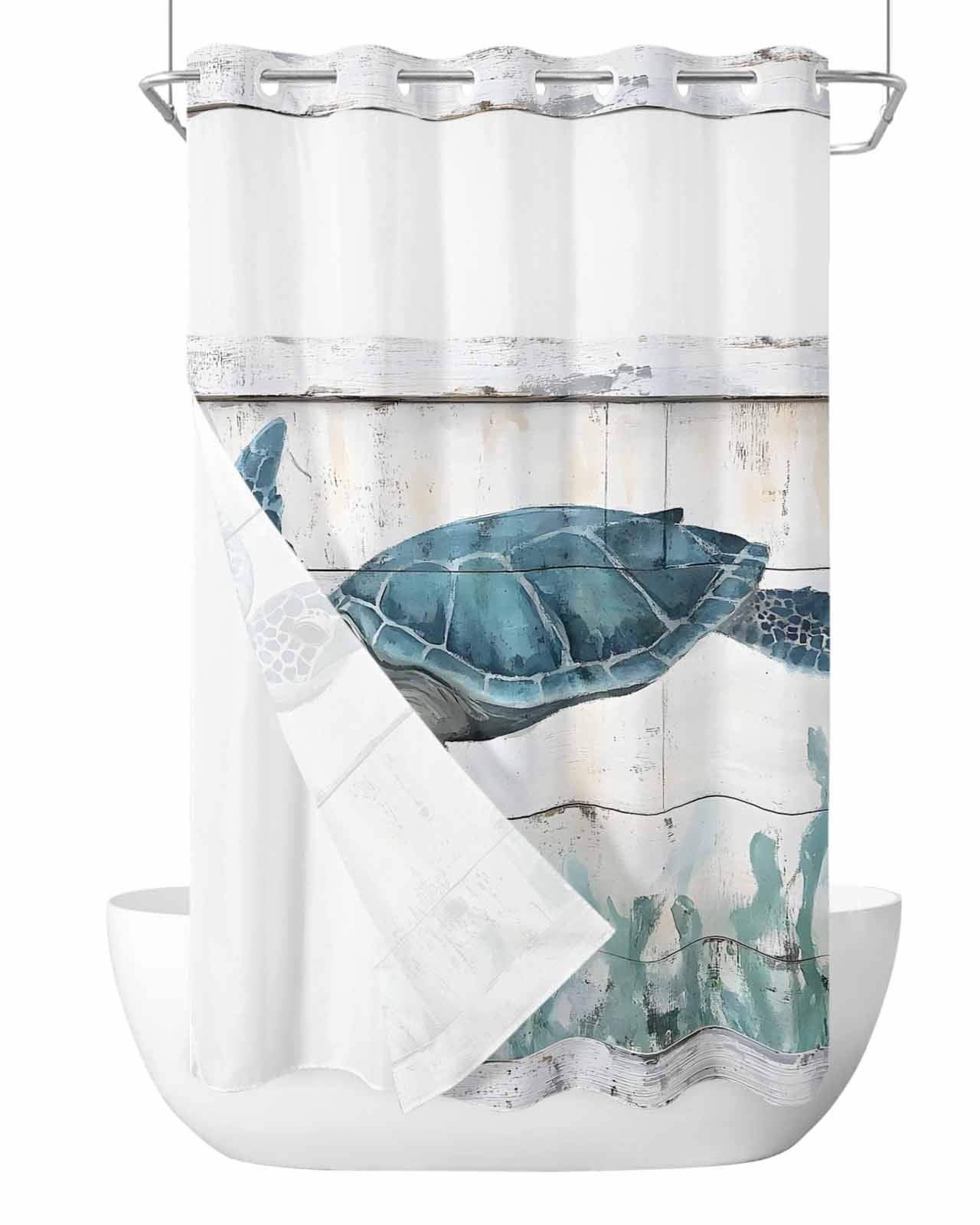 No Hook Shower Curtains with Snap in Liner, Ocean Teal Green Turtle ...