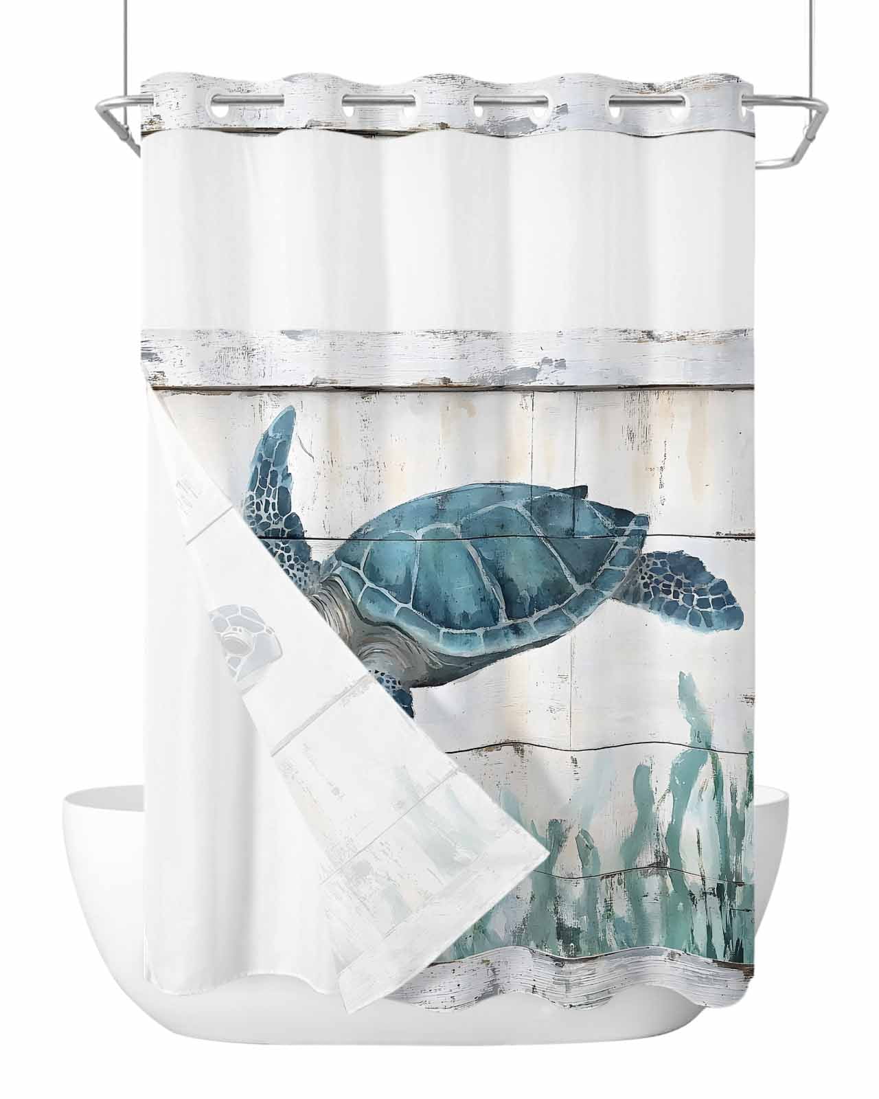 No Hook Shower Curtains with Snap in Liner, Ocean Teal Green Turtle ...