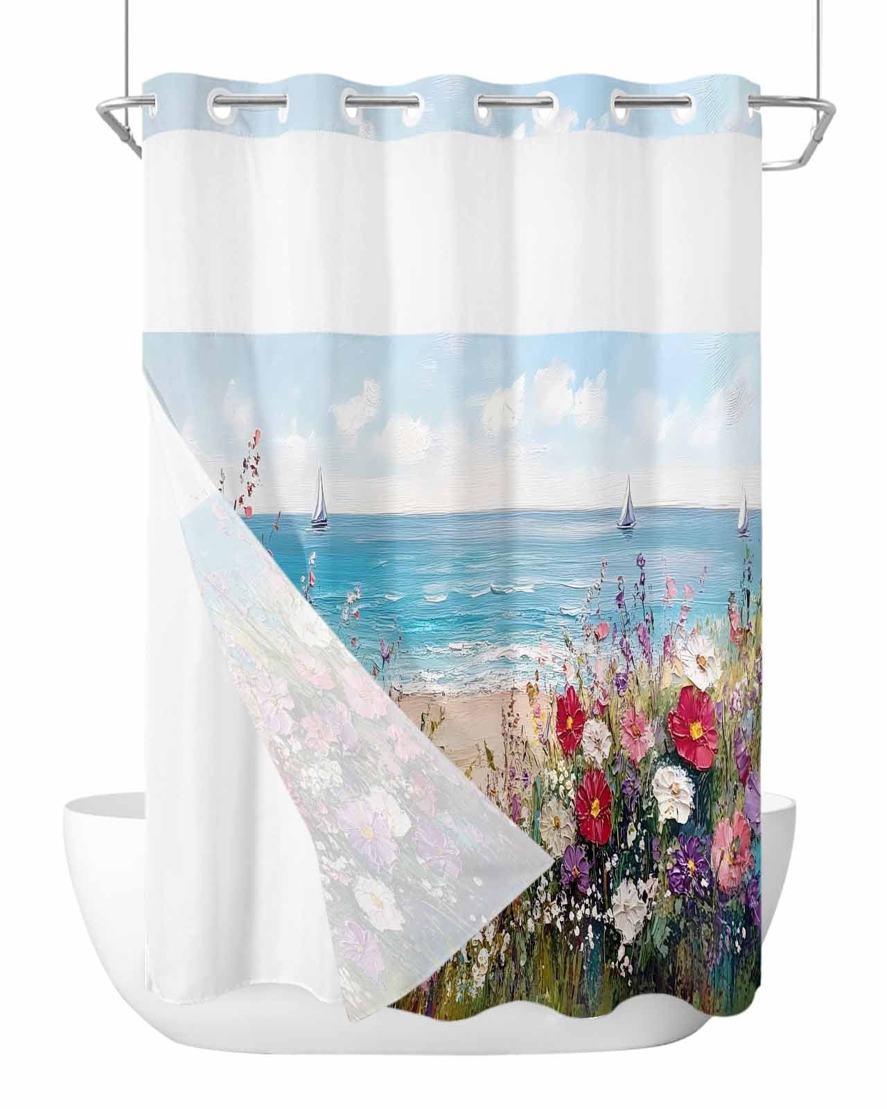 No Hook Shower Curtains with Snap in Liner, Oil Painting Floral ...