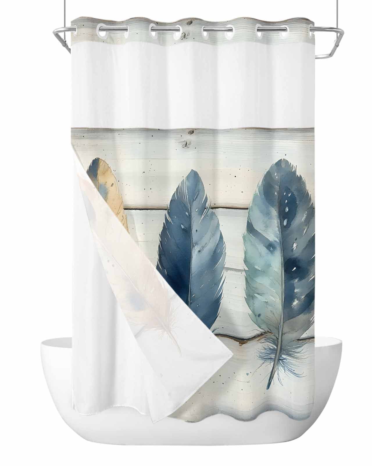 No Hook Shower Curtains with Snap in Liner, Ombre Blue Feathers ...