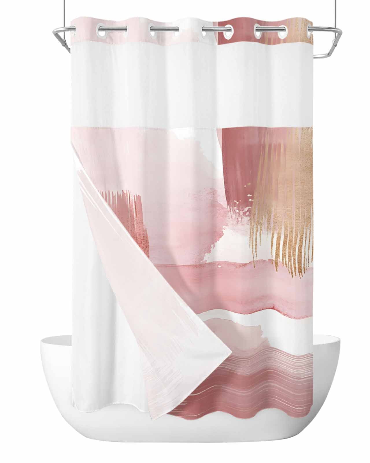 No Hook Shower Curtains with Snap in Liner, Pink Abstract Art ...