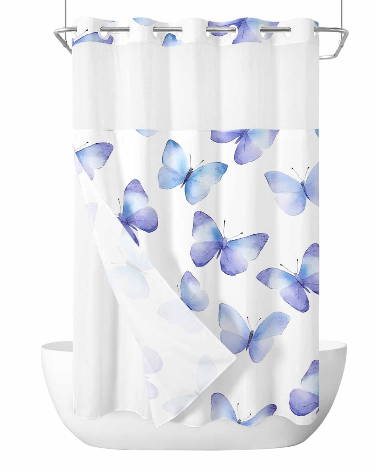 No Hook Shower Curtains with Snap in Liner, Purple Blue Butterfly Waterproof Fabric Shower ...