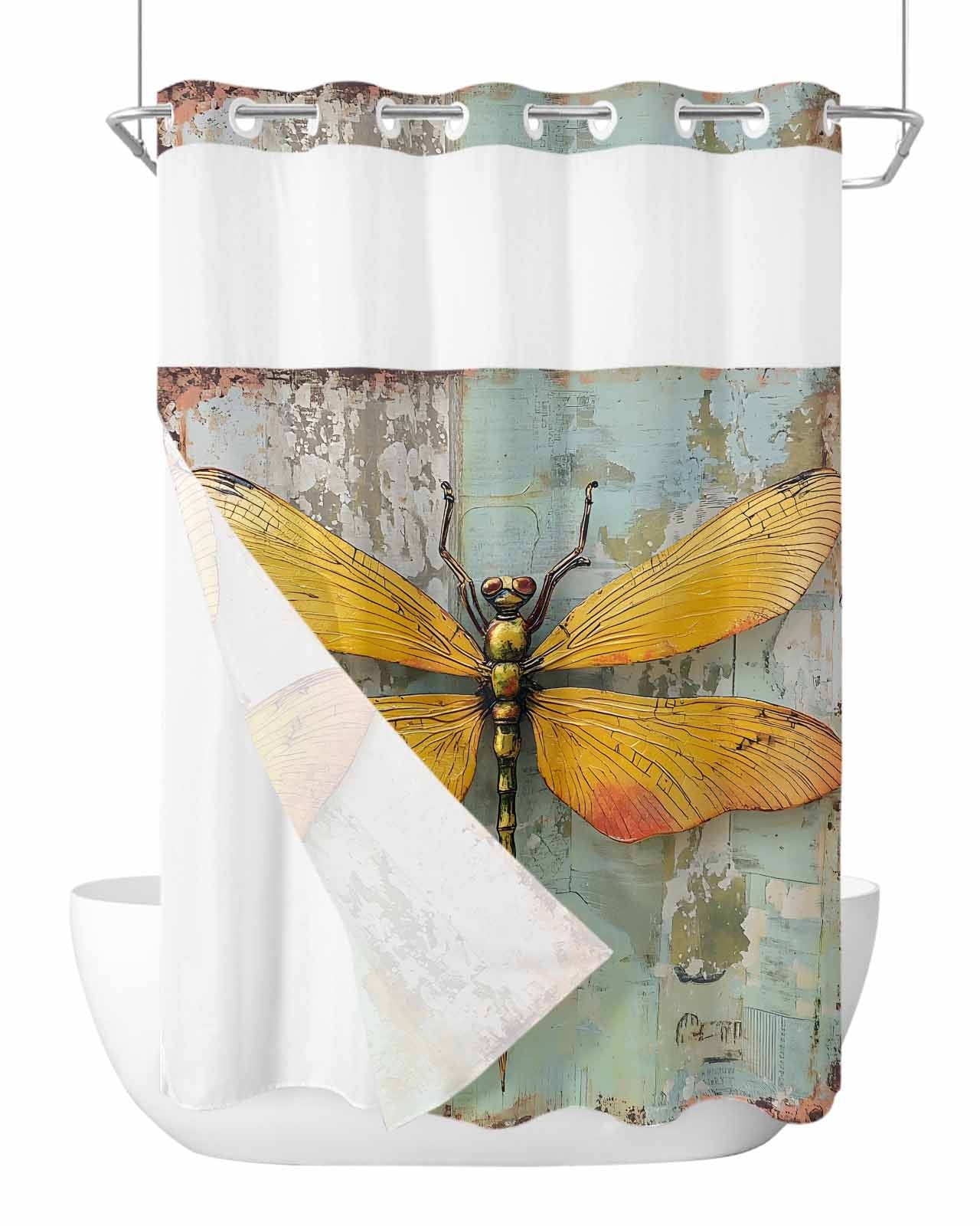 No Hook Shower Curtains with Snap in Liner, Retro Dragonfly Waterproof ...