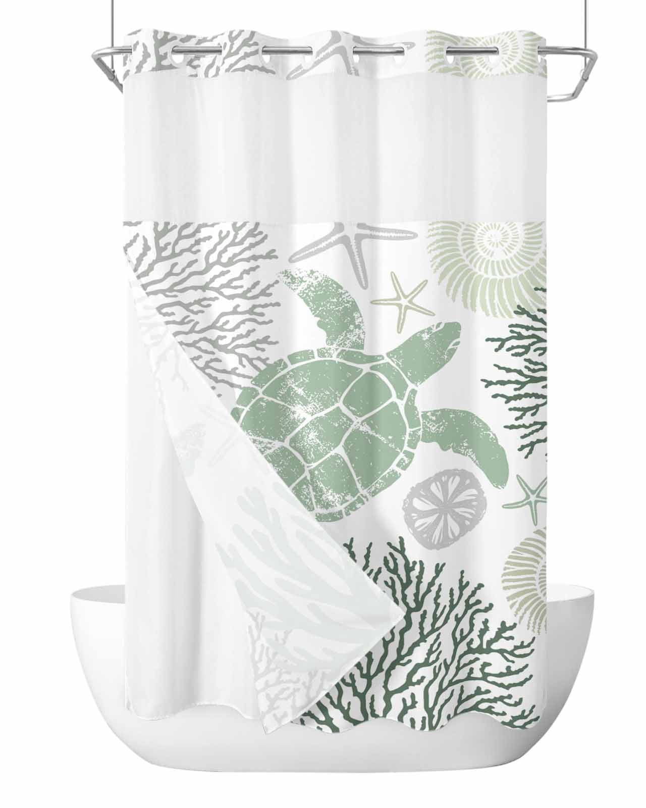 No Hook Shower Curtains with Snap in Liner, Sage Green Coastal Turtle ...