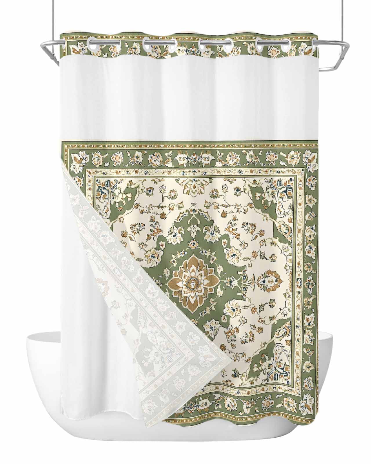 No Hook Shower Curtains with Snap in Liner, Sage Green Fabric Shower ...