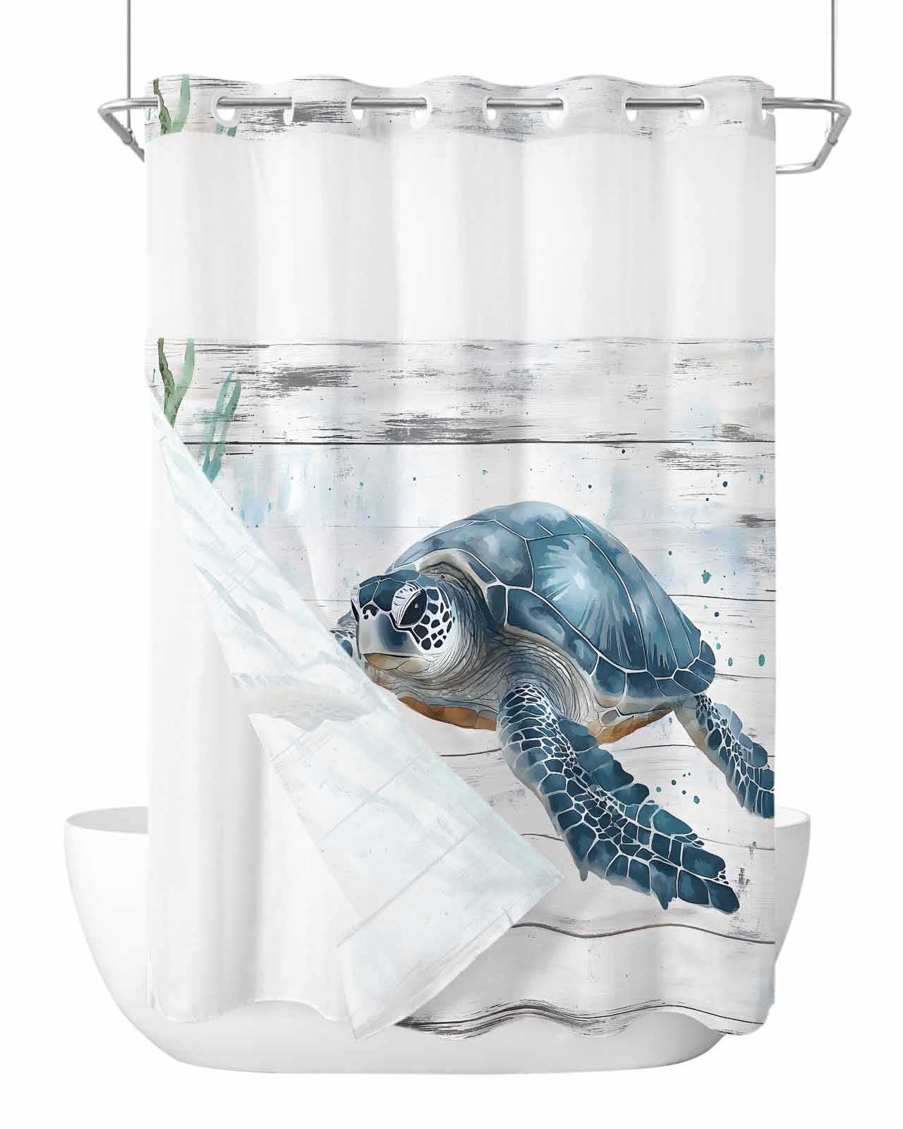 No Hook Shower Curtains with Snap in Liner, Sea Turtle Teal Green ...