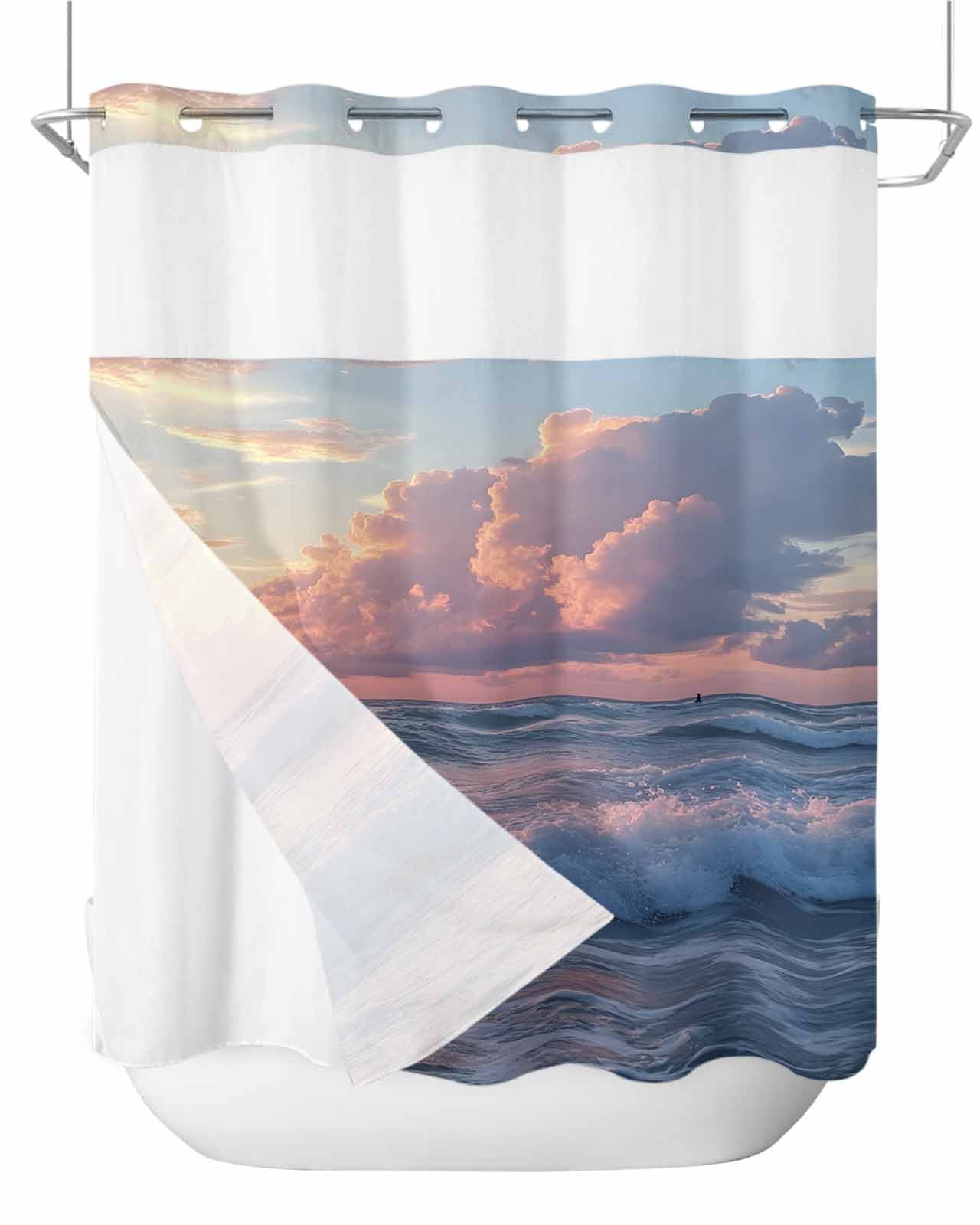 No Hook Shower Curtains with Snap in Liner, Summer Beach Coastal ...