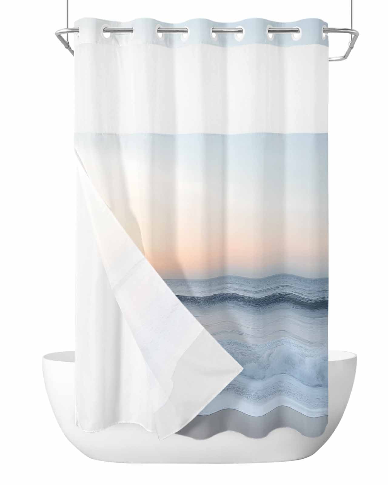 No Hook Shower Curtains with Snap in Liner, Summer Beach Waterproof Fabric Shower Curtain ...