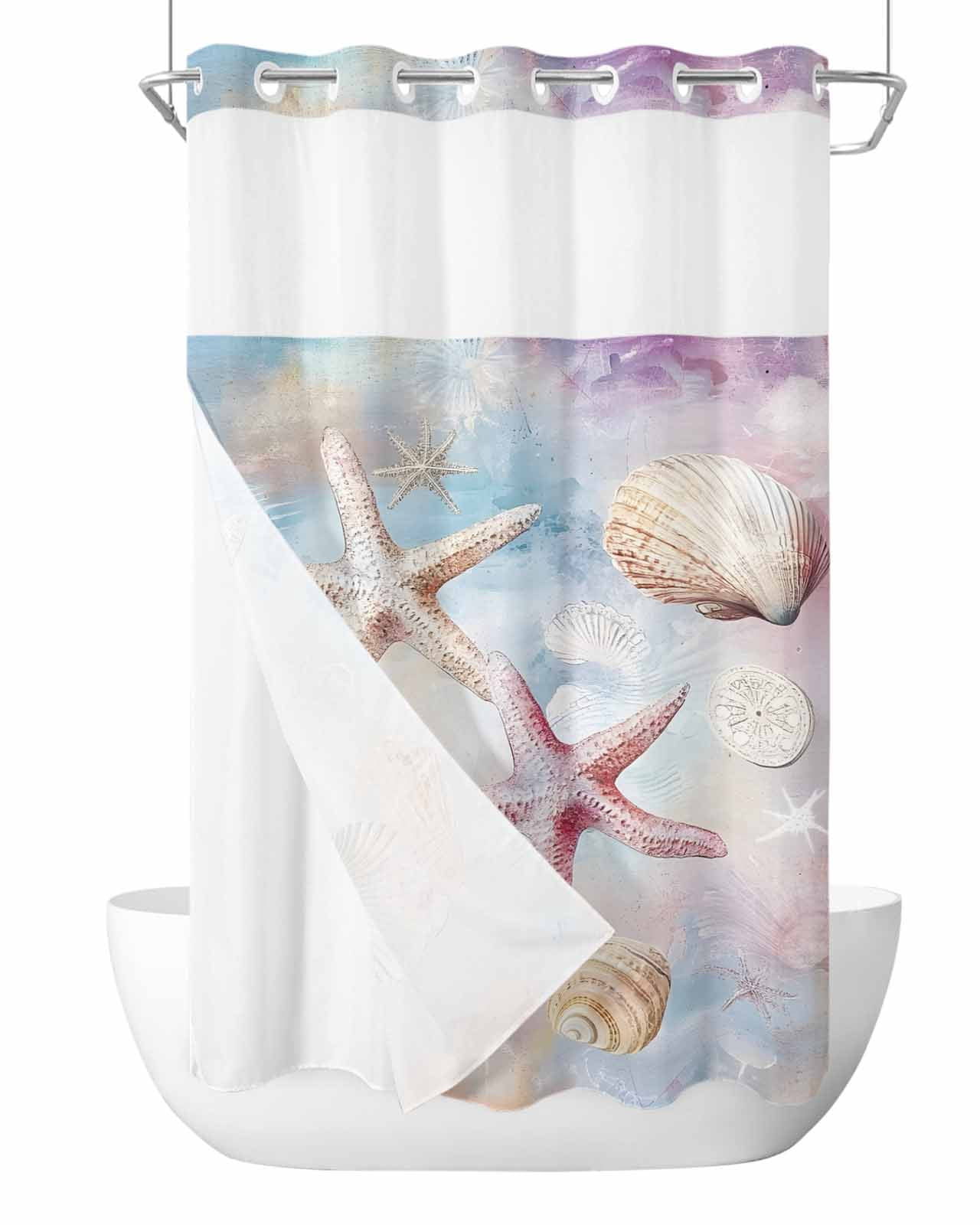No Hook Shower Curtains with Snap in Liner, Summer Coastal Waterproof ...