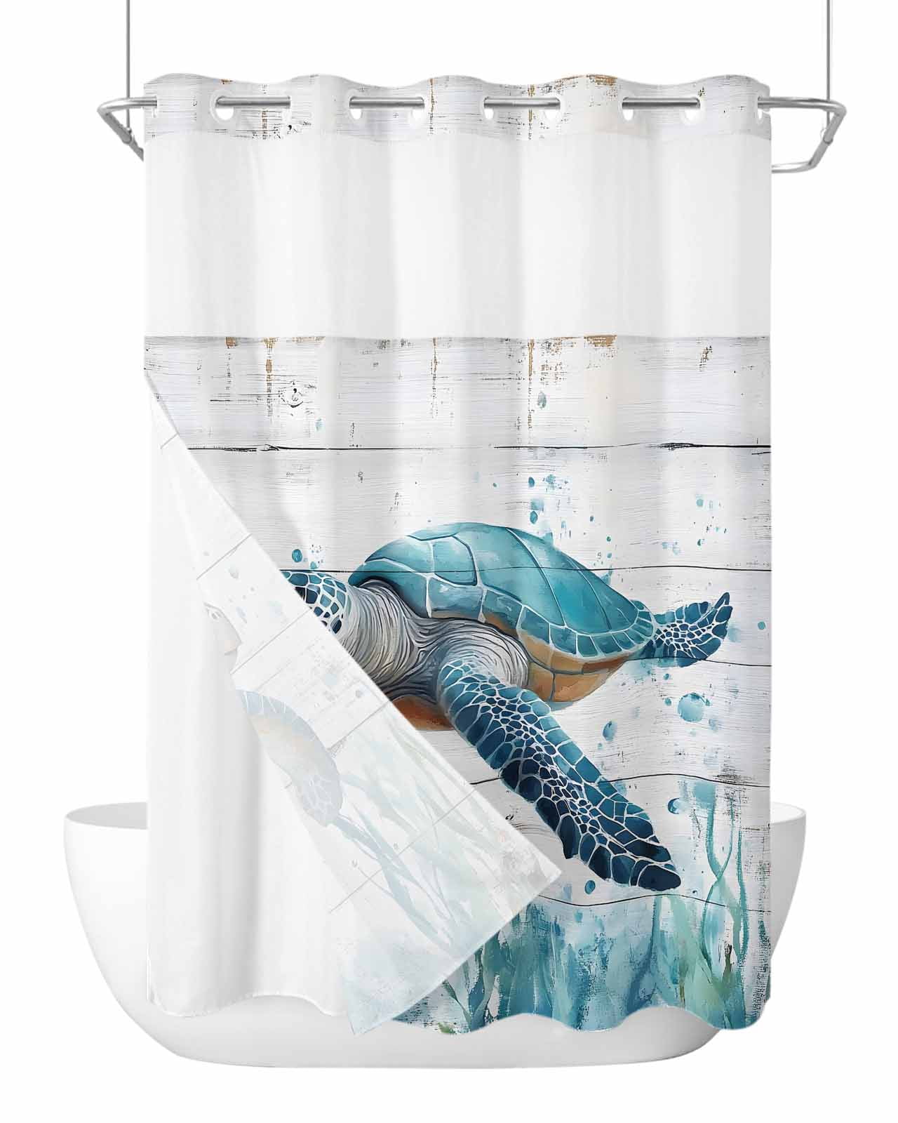 No Hook Shower Curtains with Snap in Liner, Summer Sea Turtle Blue ...