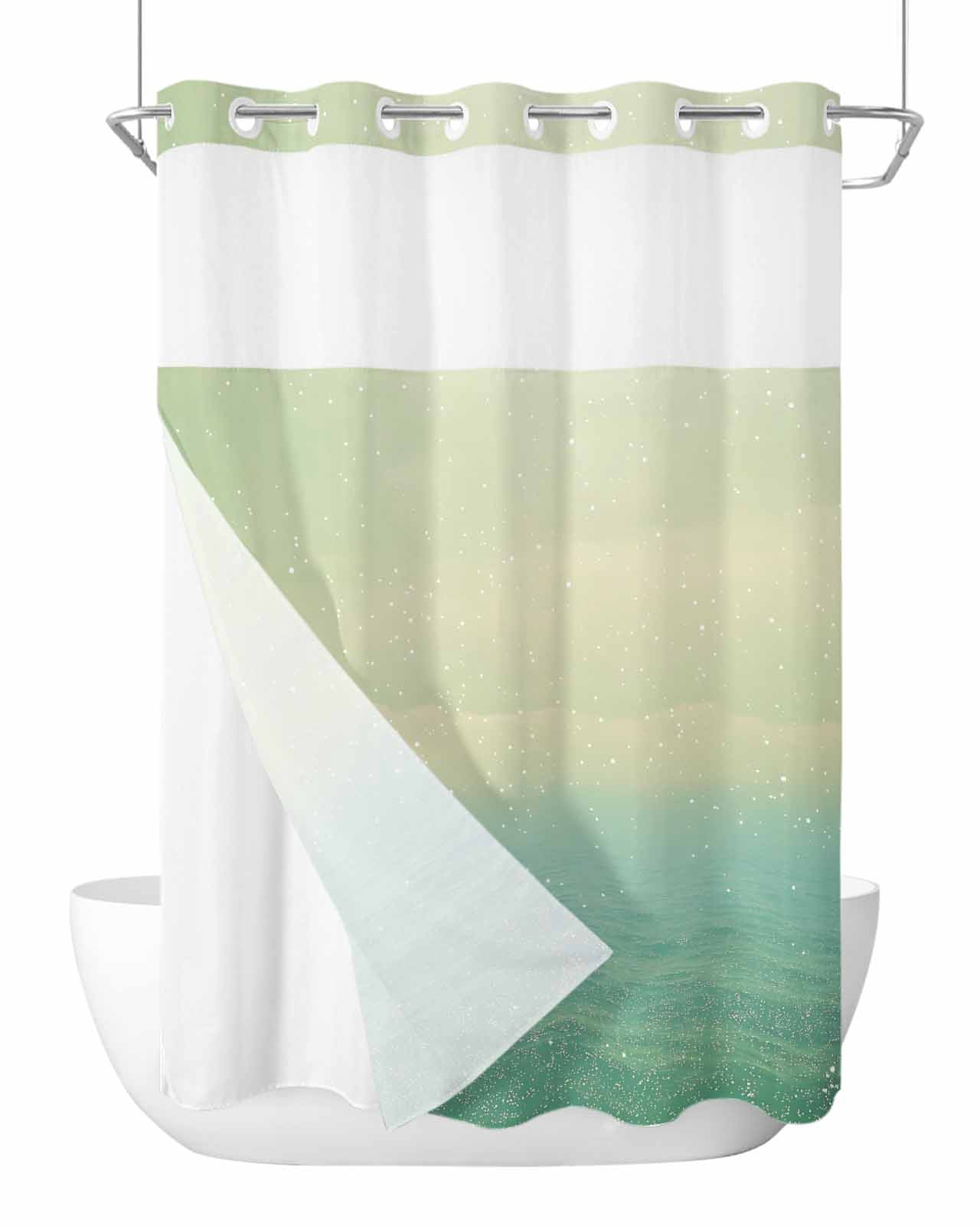 No Hook Shower Curtains with Snap in Liner, Teal Blue Gradient Ocean ...
