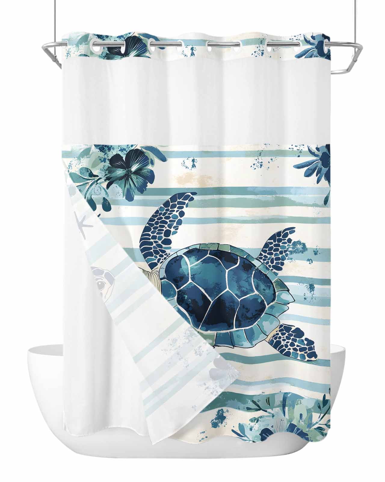 No Hook Shower Curtains with Snap in Liner, Teal Blue Turtle Coastal ...
