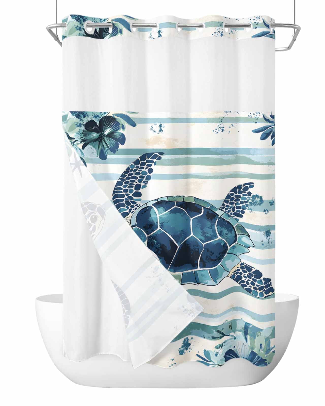No Hook Shower Curtains with Snap in Liner, Teal Blue Turtle Coastal ...