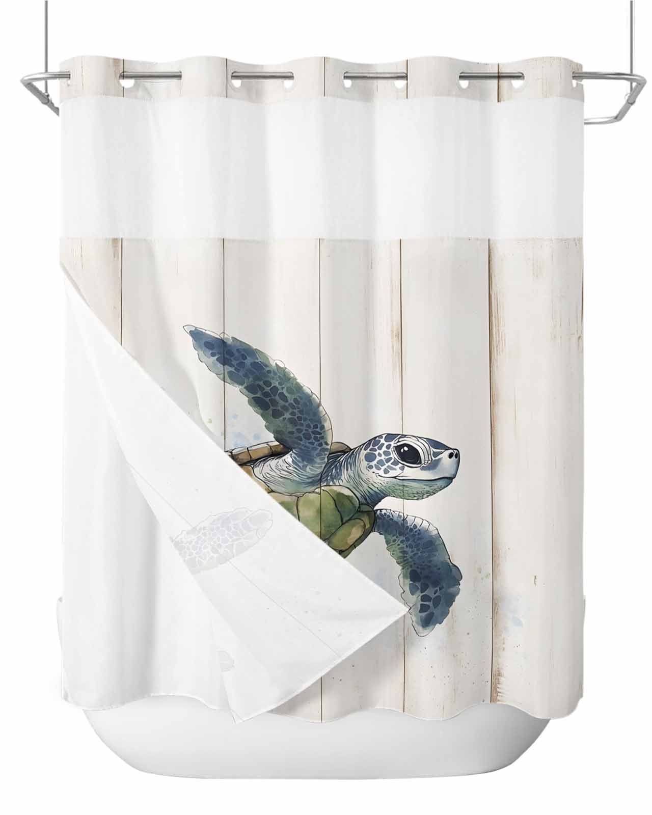 No Hook Shower Curtains with Snap in Liner, Teal Coastal Waterproof ...