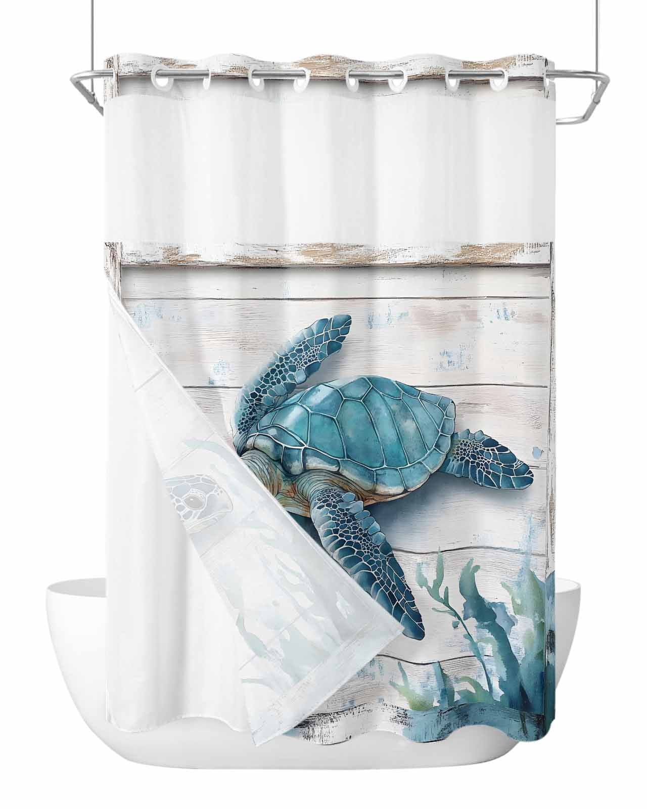 No Hook Shower Curtains with Snap in Liner, Teal Green Sea Turtle ...