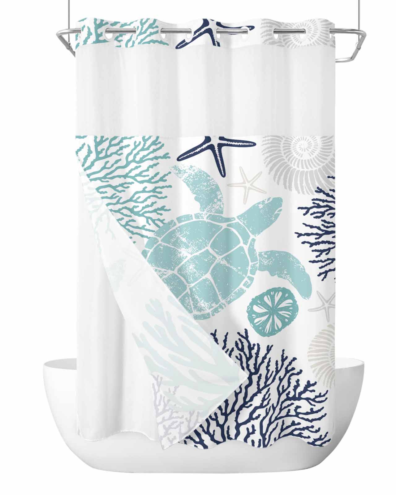 No Hook Shower Curtains with Snap in Liner, Turquoise Coastal Turtle ...