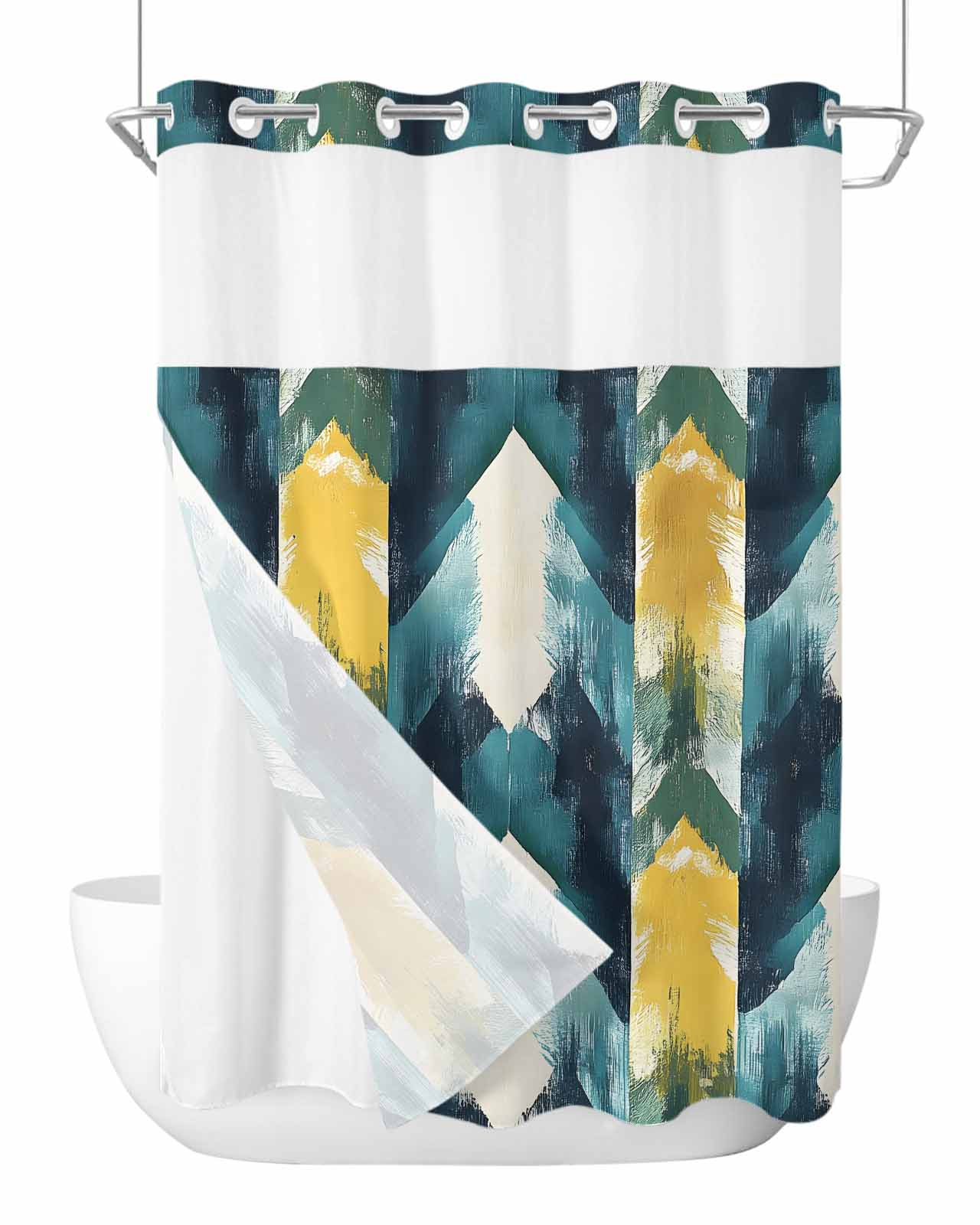 No Hook Shower Curtains with Snap in Liner, Turquoise Yellow Abstract ...