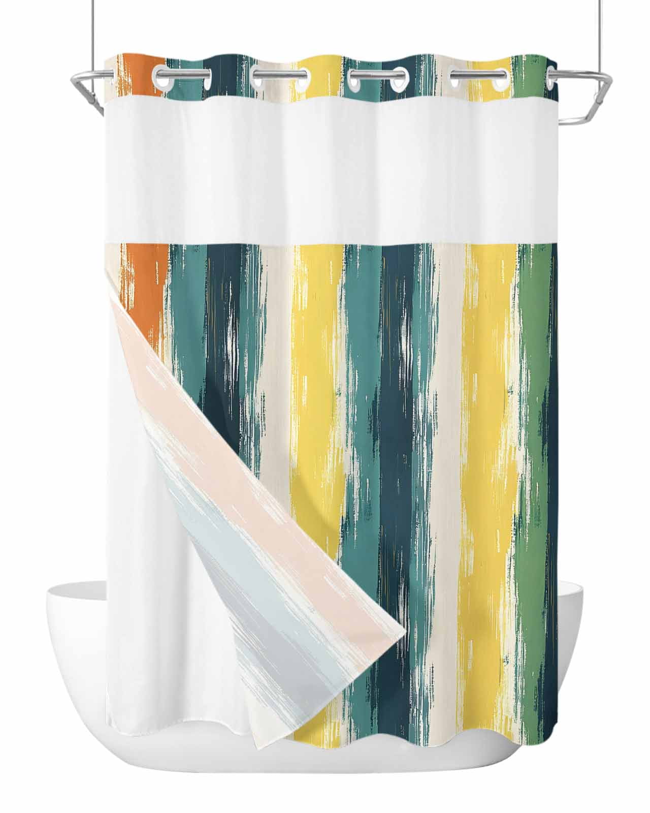 No Hook Shower Curtains with Snap in Liner, Turquoise Yellow Stripe Waterproof Fabric Shower ...