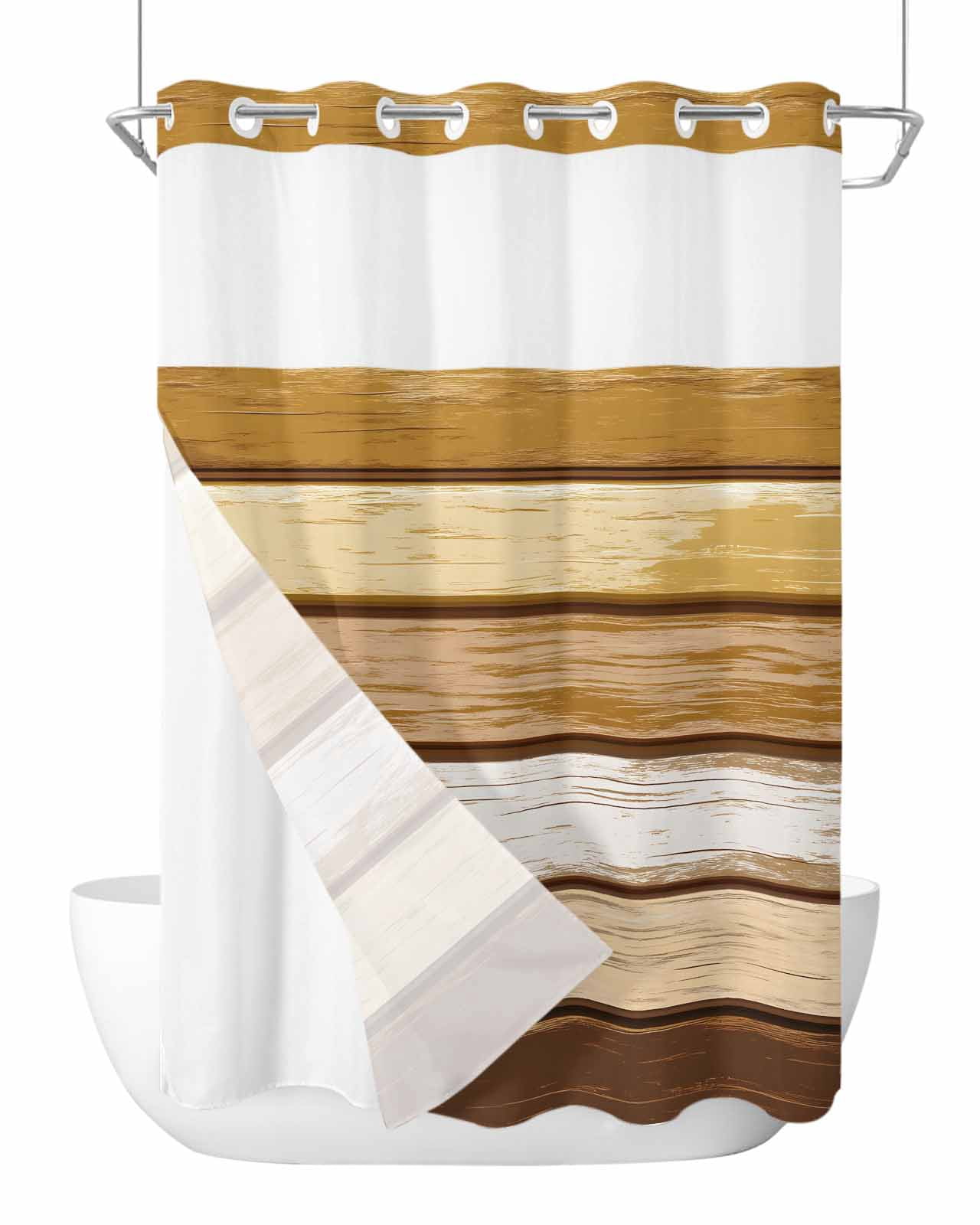 No Hook Shower Curtains with Snap in Liner, Vintage Brown Geometric ...