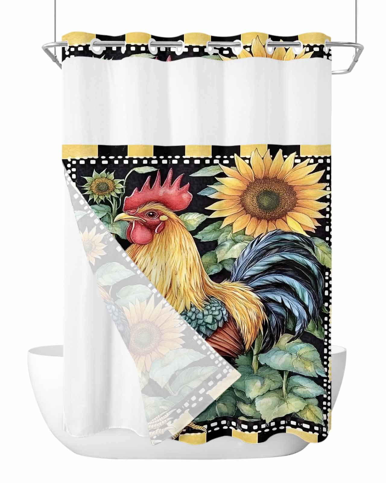 No Hook Shower Curtains with Snap in Liner, Vintage Sunflower Rooster ...