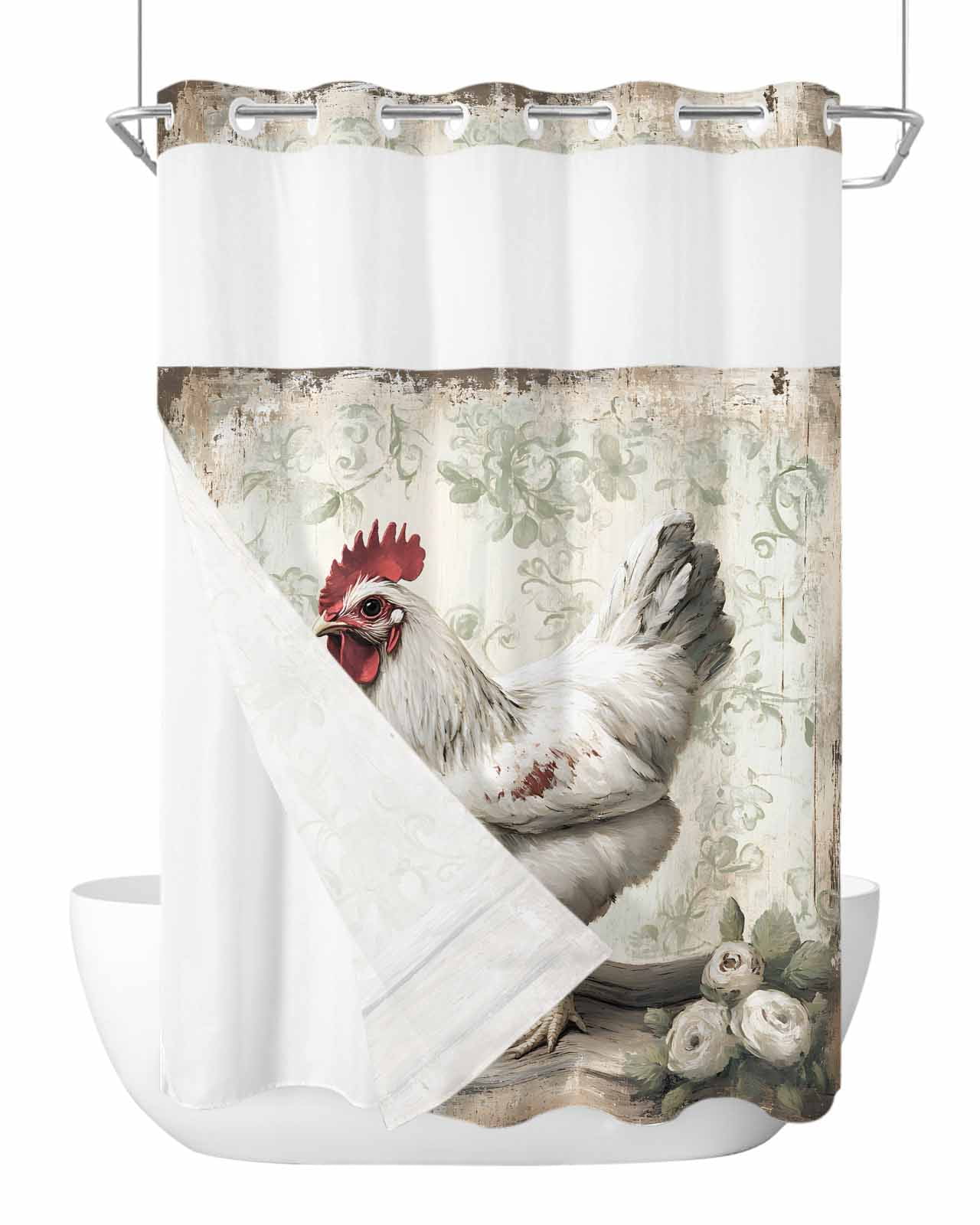 No Hook Shower Curtains with Snap in Liner, White Chicken Rustic ...