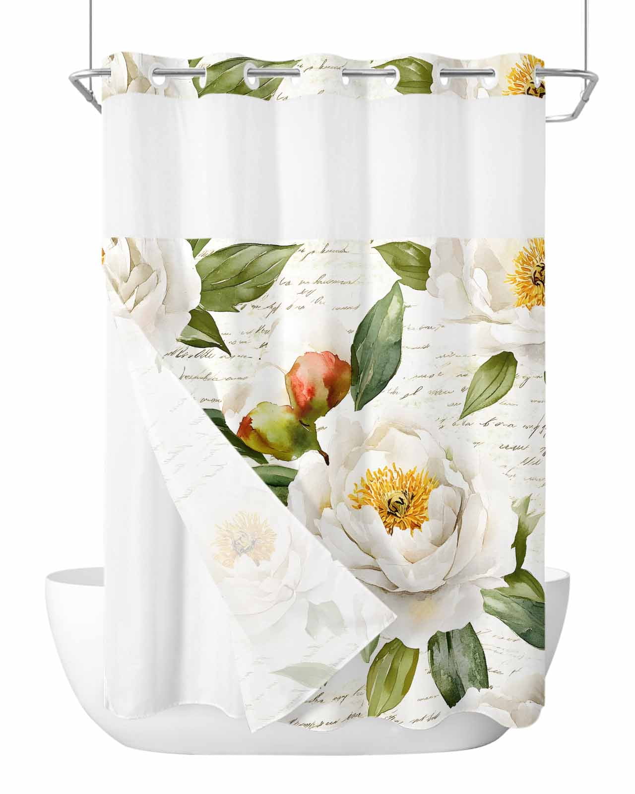 No Hook Shower Curtains with Snap in Liner, White Floral Waterproof ...