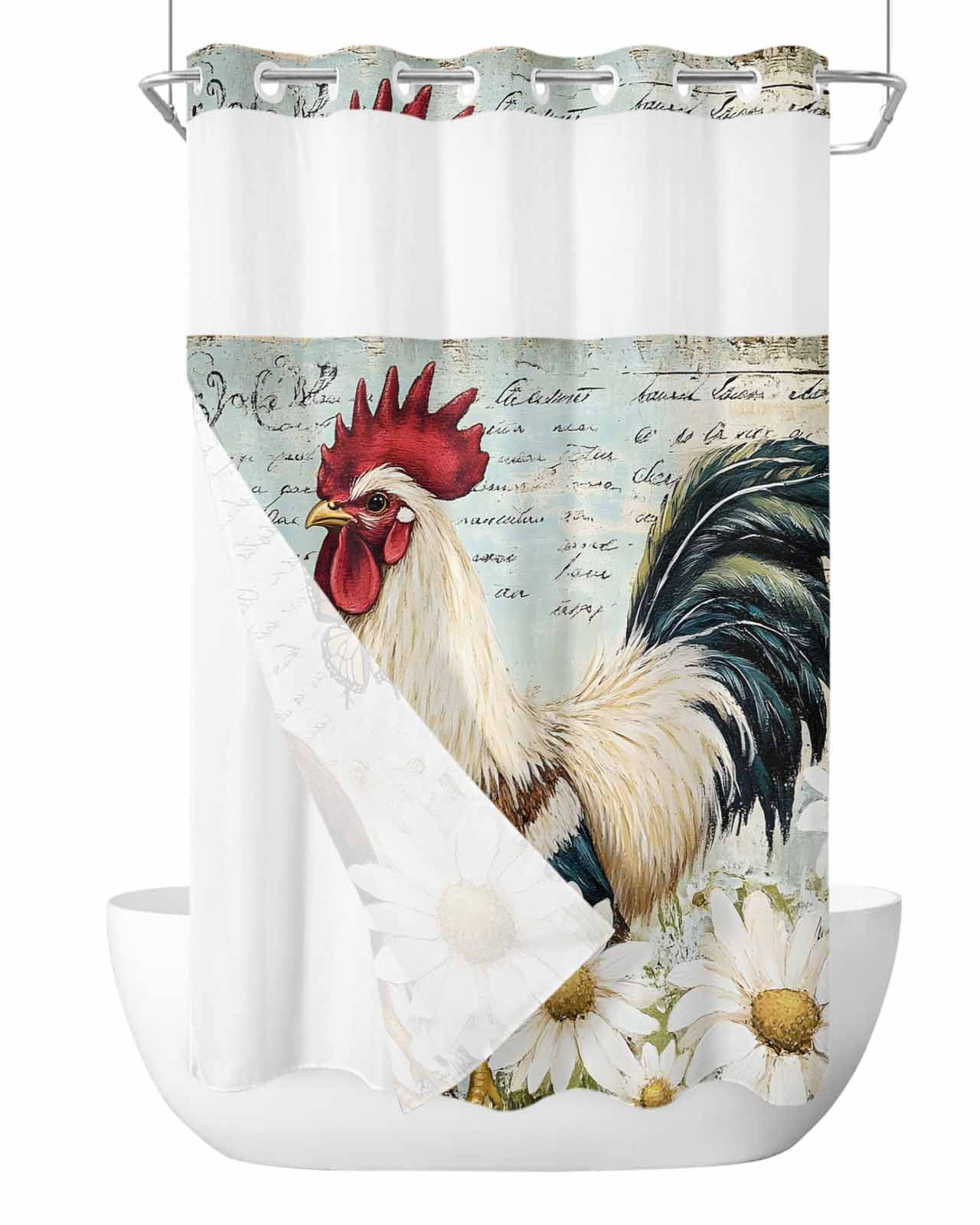 No Hook Shower Curtains with Snap in Liner, White Spring Floral Rooster Waterproof Fabric Shower ...